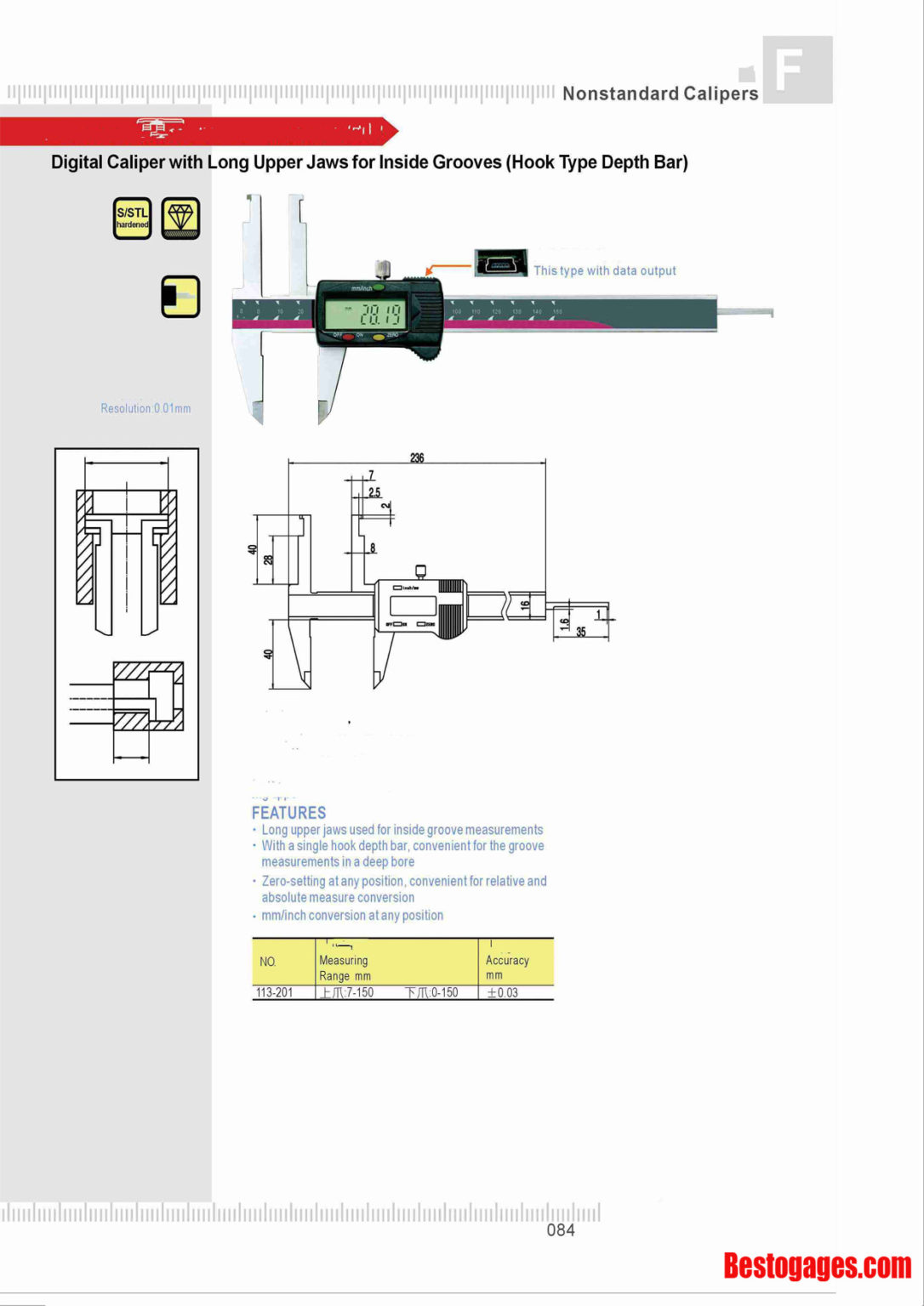 Digital Caliper with Long Upper Jaws for Inside Grooves (Hook Type ...